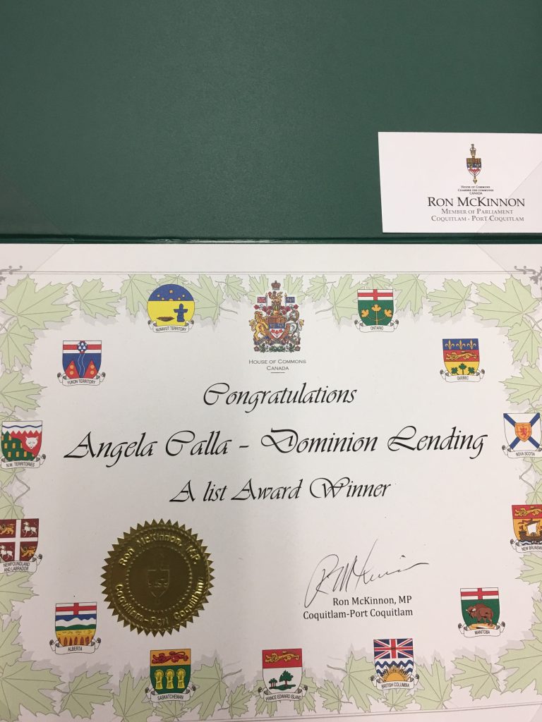 House Of Commons Certificate - Angela Calla Mortgage Team